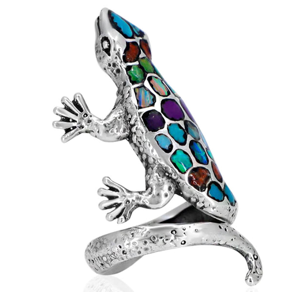 Lizard Ring - 925 Silver, Blue Opals, Size Adjustable - VY Jewelry