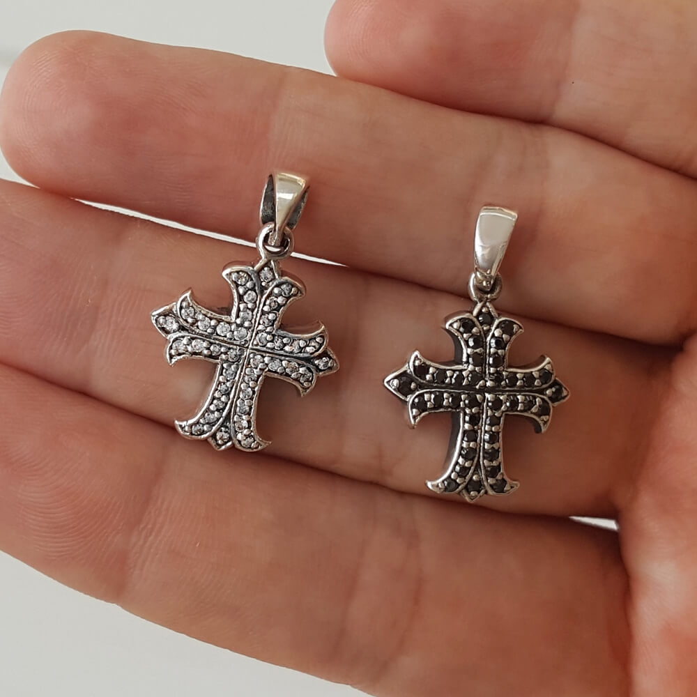 Small Cross Pendants - 925 Silver, Black or White CZ Stones - VY Jewelry