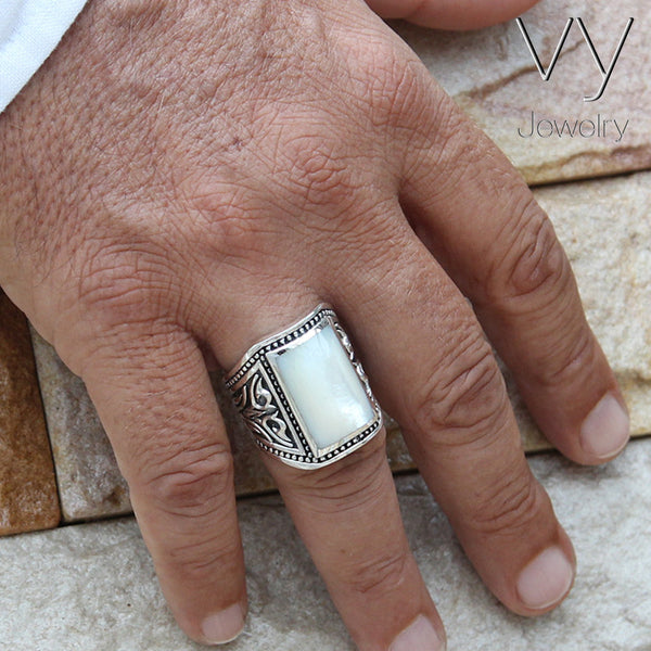 Silver Men Rings - 925 Sterling, Onyx or Shell, Size 8 to 15 - VY Jewelry