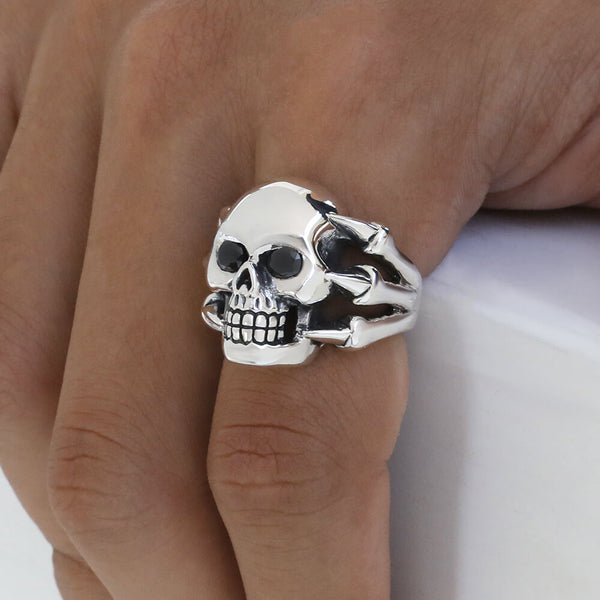 Skull Ring - Solid 925 Silver with Black CZ - Size 7 to 14 - VY Jewelry