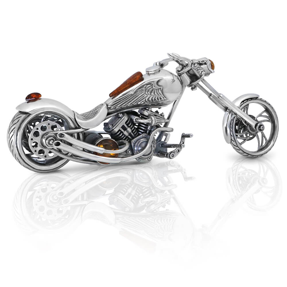 Motorcycle Figurine made of 925 Solid Silver, Amber Stones - VY Jewelry
