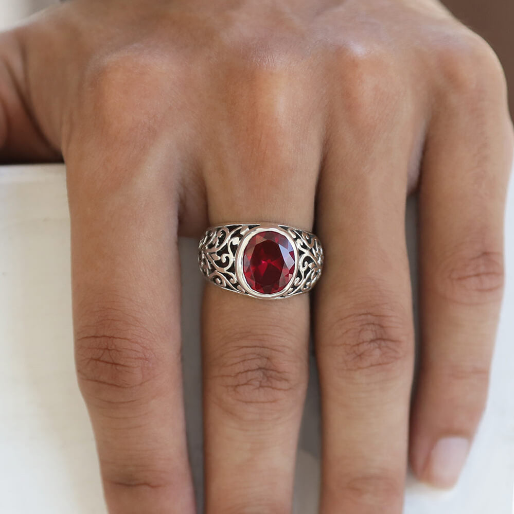 Red Stone Ring for Men - 925 Sterling Silver set with CZ - VY Jewelry