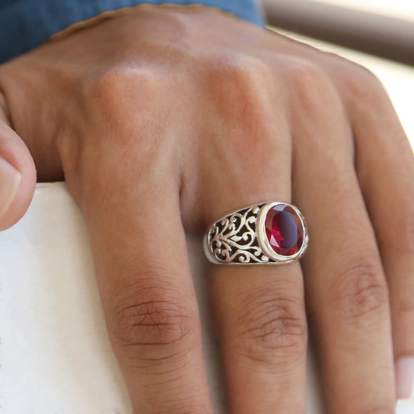 Red Stone Ring for Men - 925 Sterling Silver set with CZ - VY Jewelry