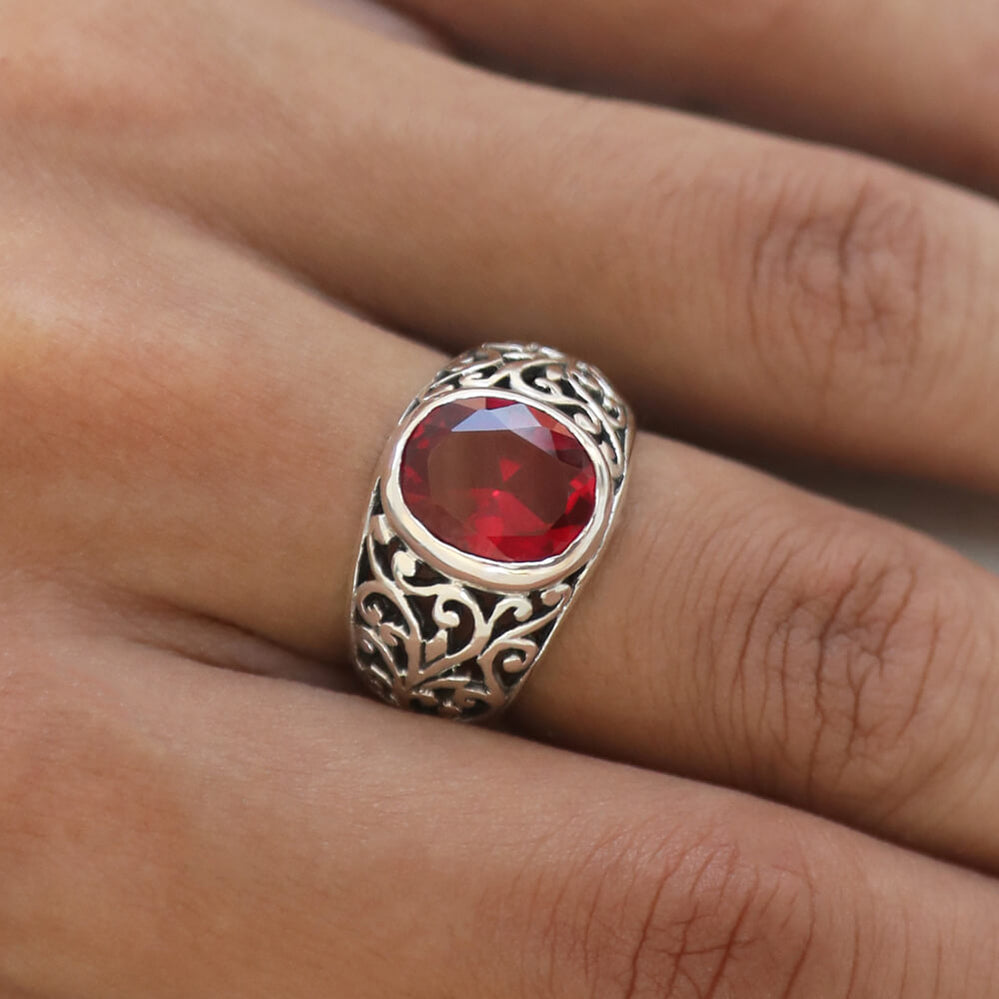 Red Stone Ring for Men - 925 Sterling Silver set with CZ - VY Jewelry